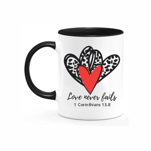 Love Never Fails Coffee Mug – Two Tone Black and White – Vinyls and Prints